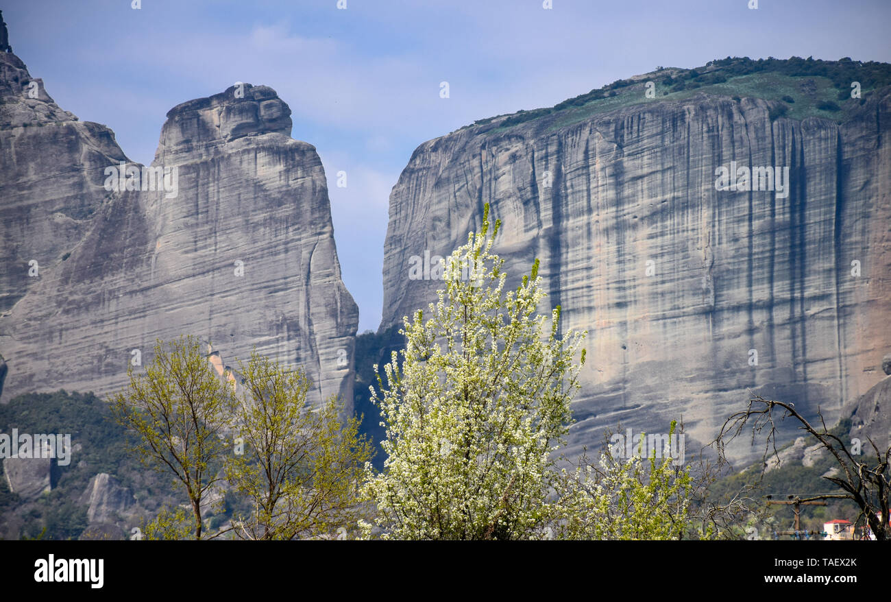 Meteora Rocks behind of the flowering trees,northern Greece Stock Photo ...