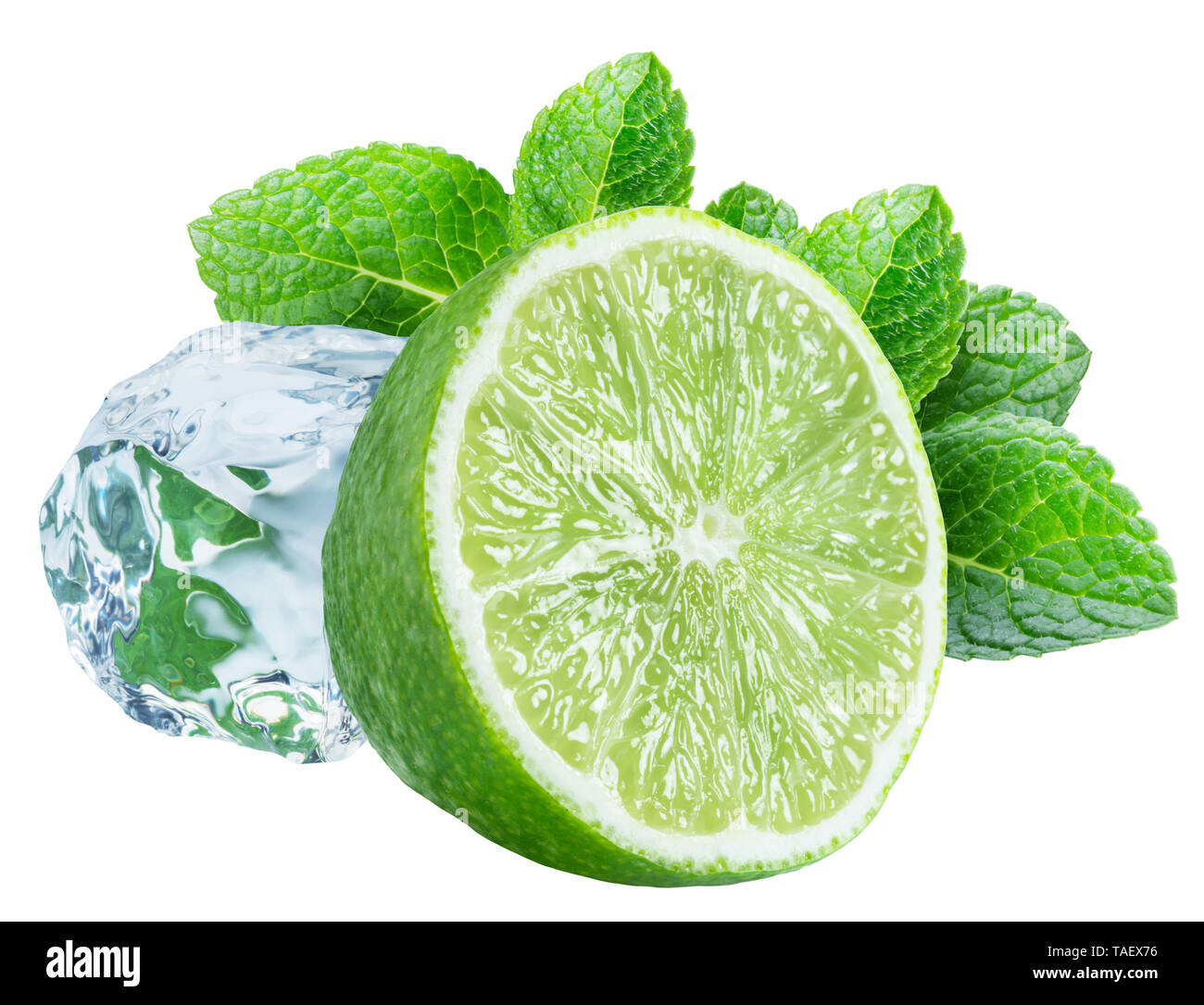 Ripe lime slice, ice cube and mint leaves on white background. File contains clipping path Stock ...