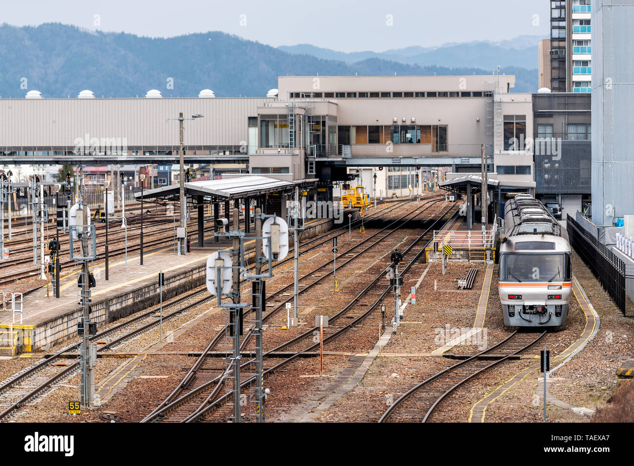 Takayama, Japan - April 6, 2019: JR station tracks with train in Gifu ...