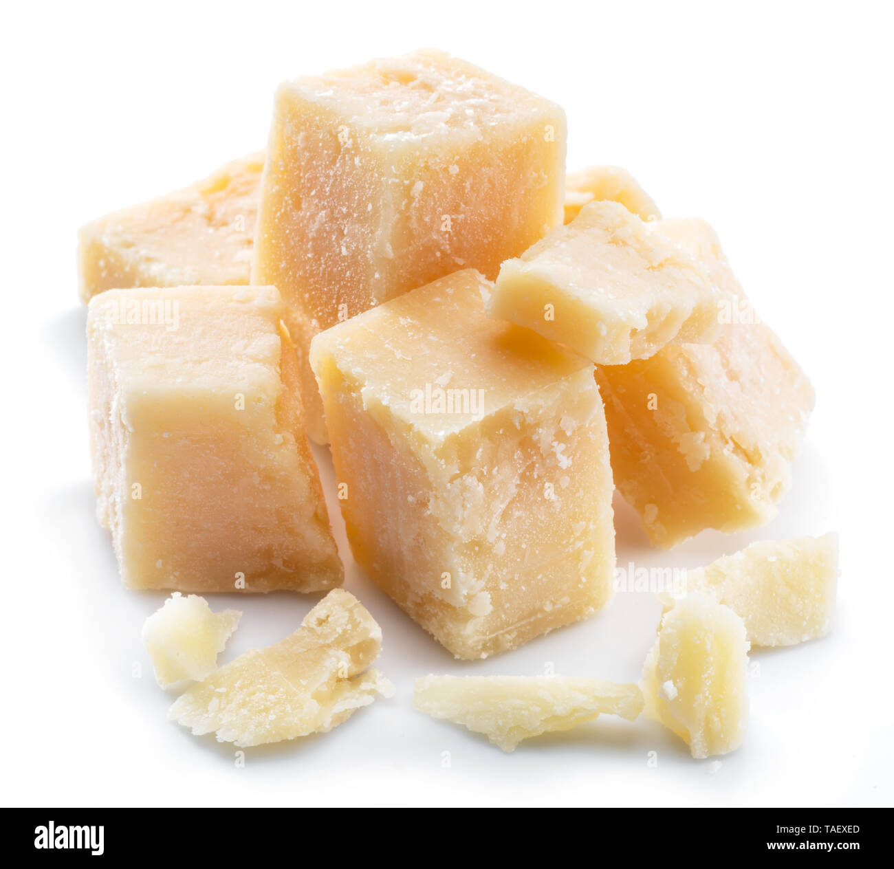 Parmesan cheese cubes isolated on white background Stock Photo - Alamy