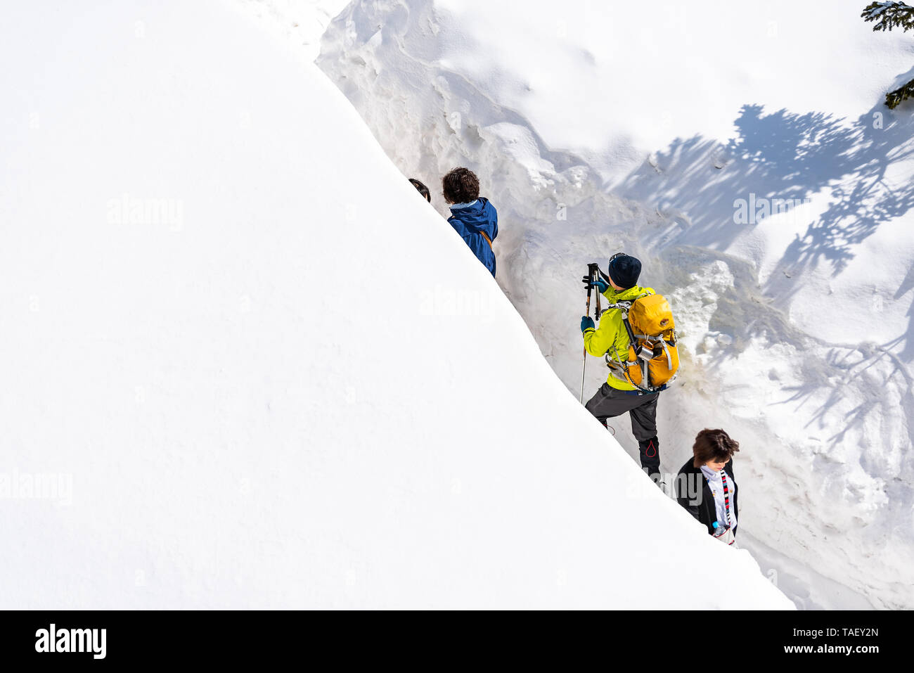 Takayama, Japan - April 8, 2019: Mountain snow in Okuhida villages ...