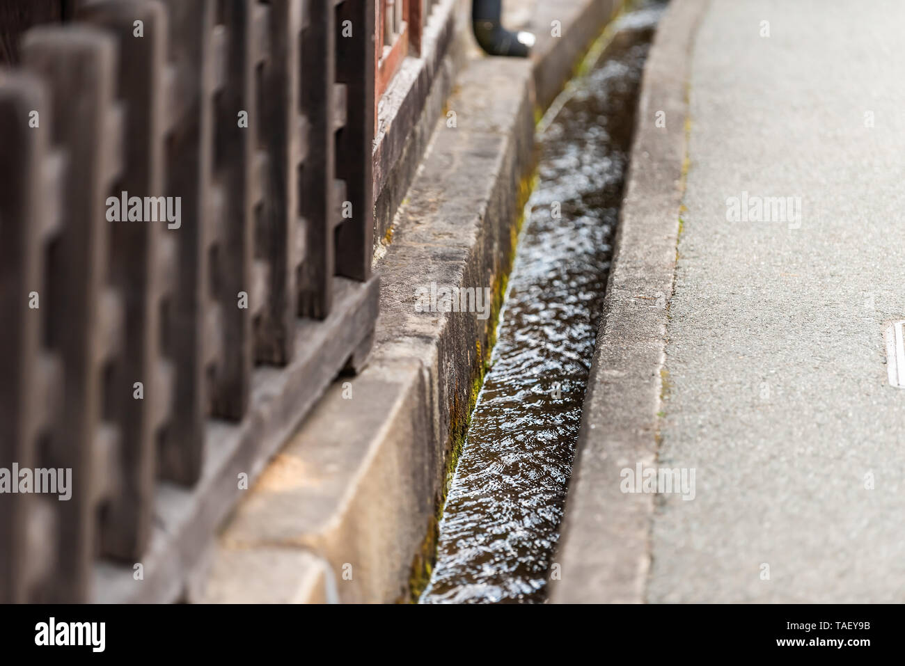 Takayama, Japan small canal gutters in Gifu prefecture closeup view of ...