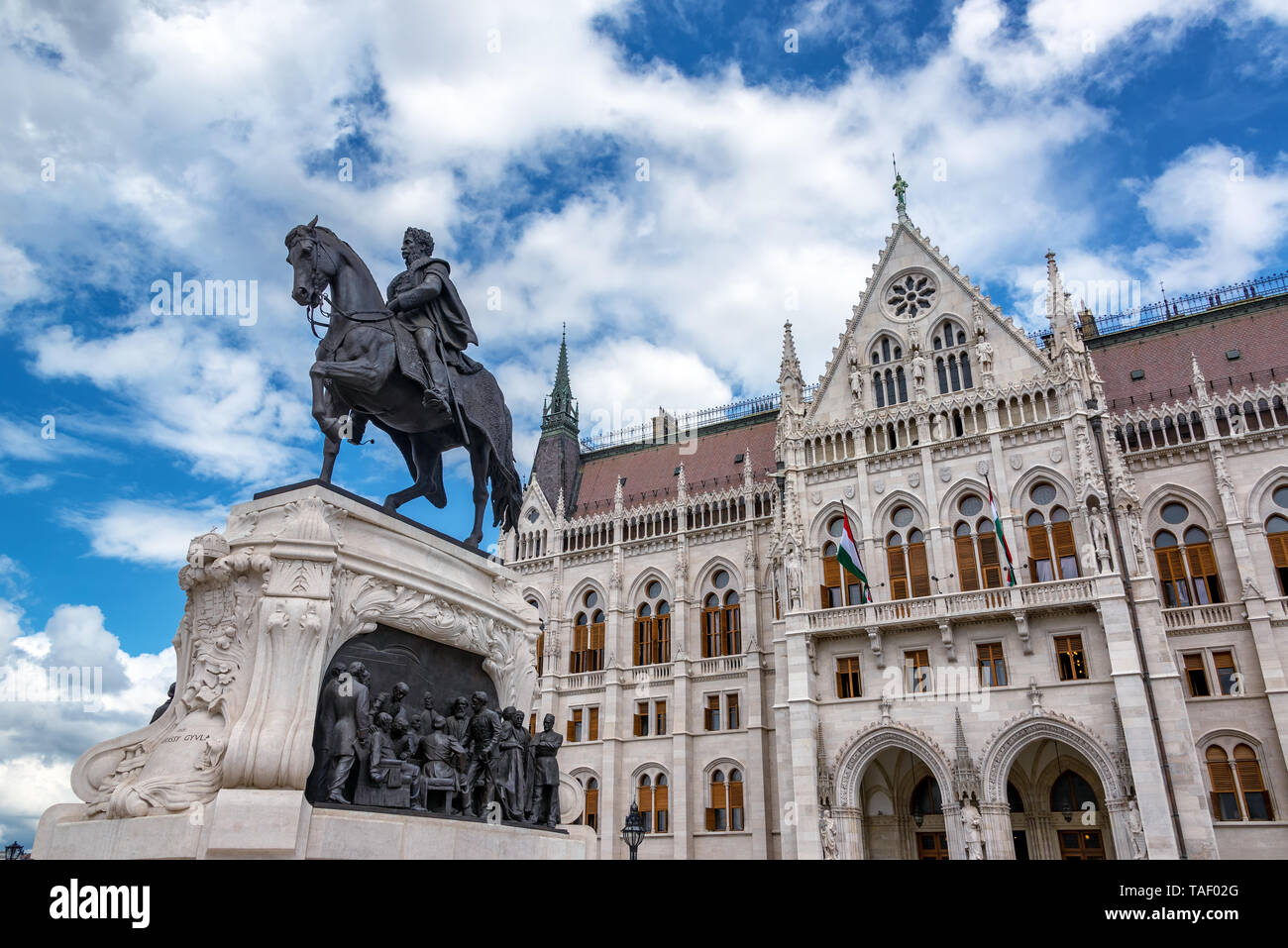 Gyula Andrassy equestrian statue in front of the Hungarian parliament ...