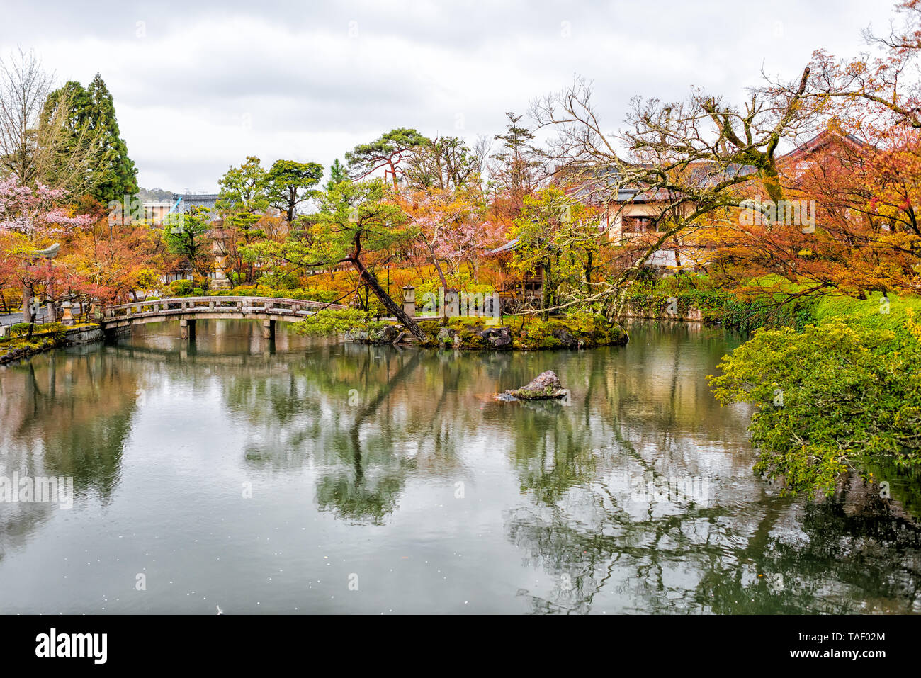 Eikando temple stone bridge in garden reflection in Kyoto, Japan during ...