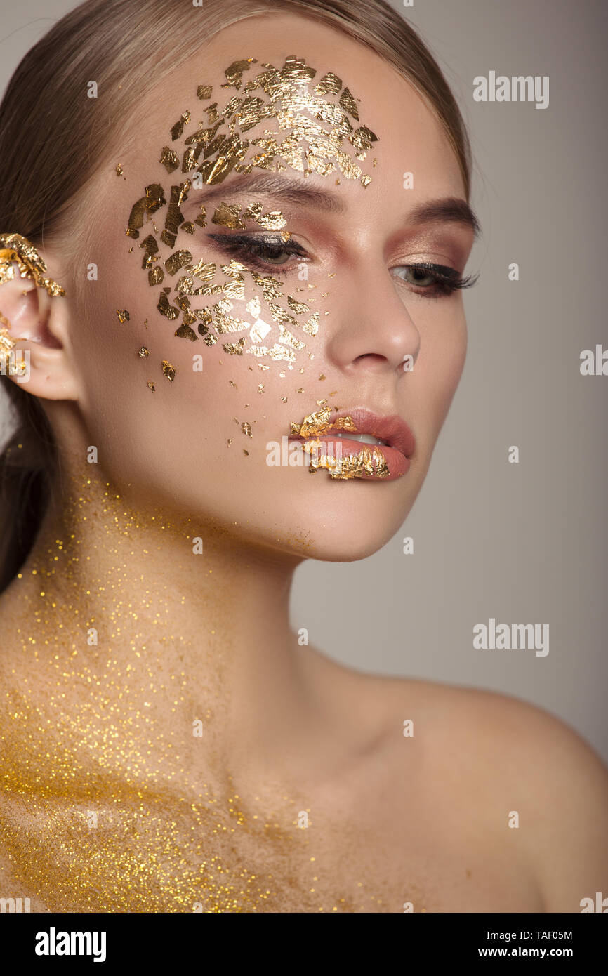 Gold Metallic Face Skin Model Woman High Resolution Stock Photography ...