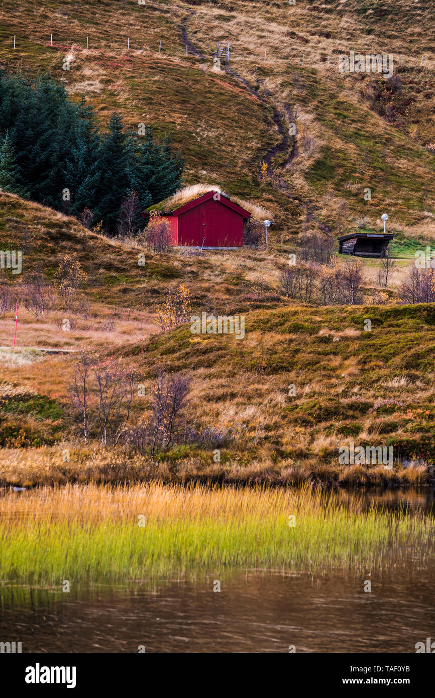 Norway, Lofoten Islands, red shack at Lake Holdalsvatnet Stock Photo ...