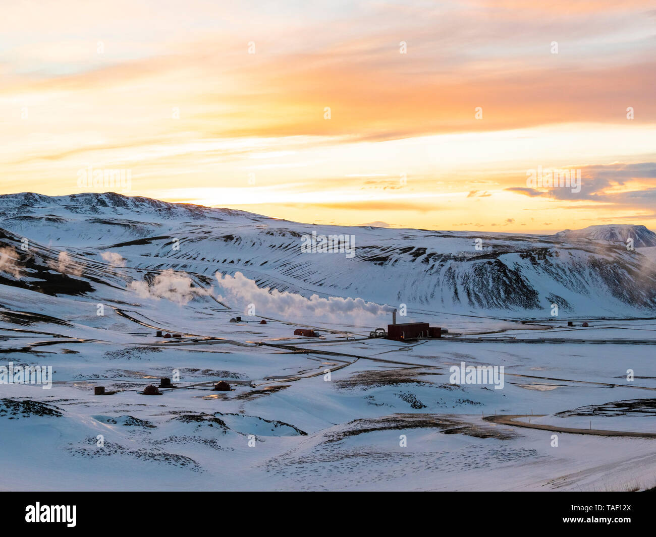 Iceland, snowy landscape with Krafla thermal power plant in winter by ...