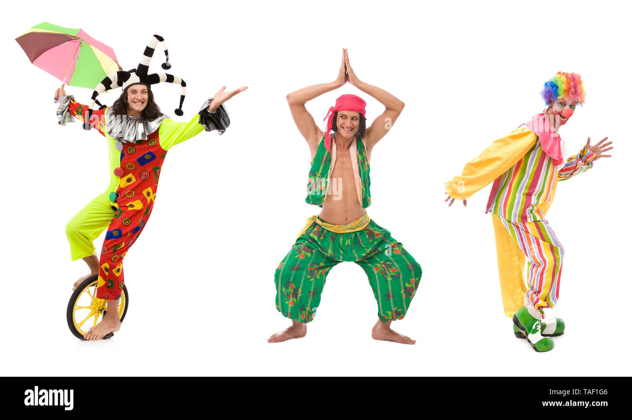 funny looking circus comedians with different poses on white Stock ...