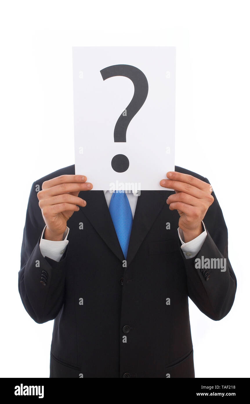 businessman with question mark sign on white background Stock Photo - Alamy