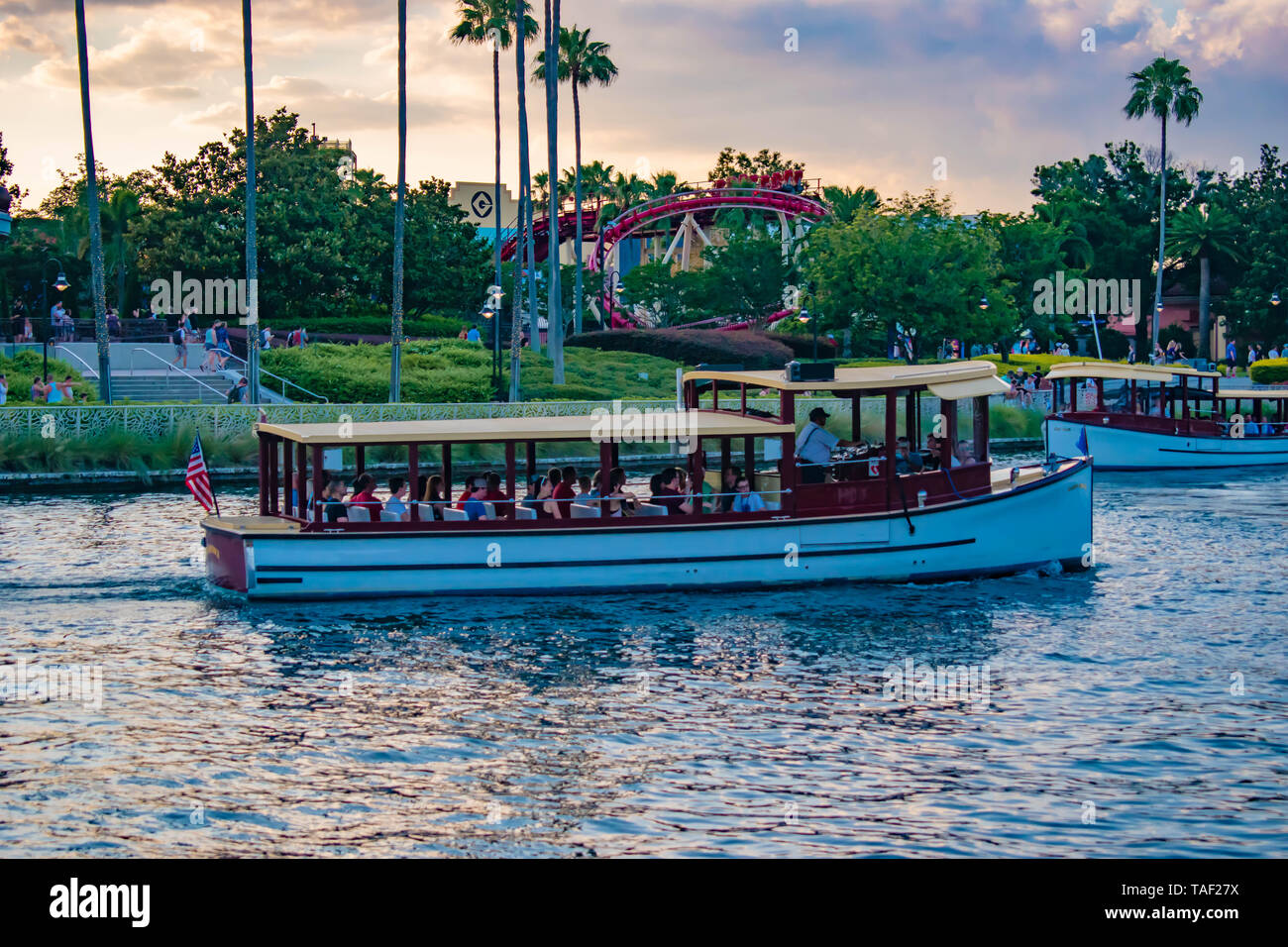 Orlando, Florida. May 21, 2019. Partial view of rollercoaster and taxi ...