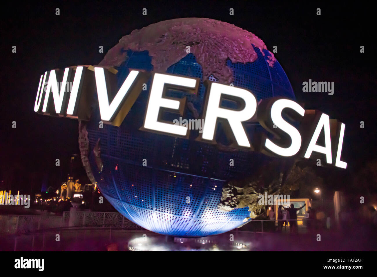 Orlando, Florida. May 21, 2019. Universal Studios world sphere on night ...
