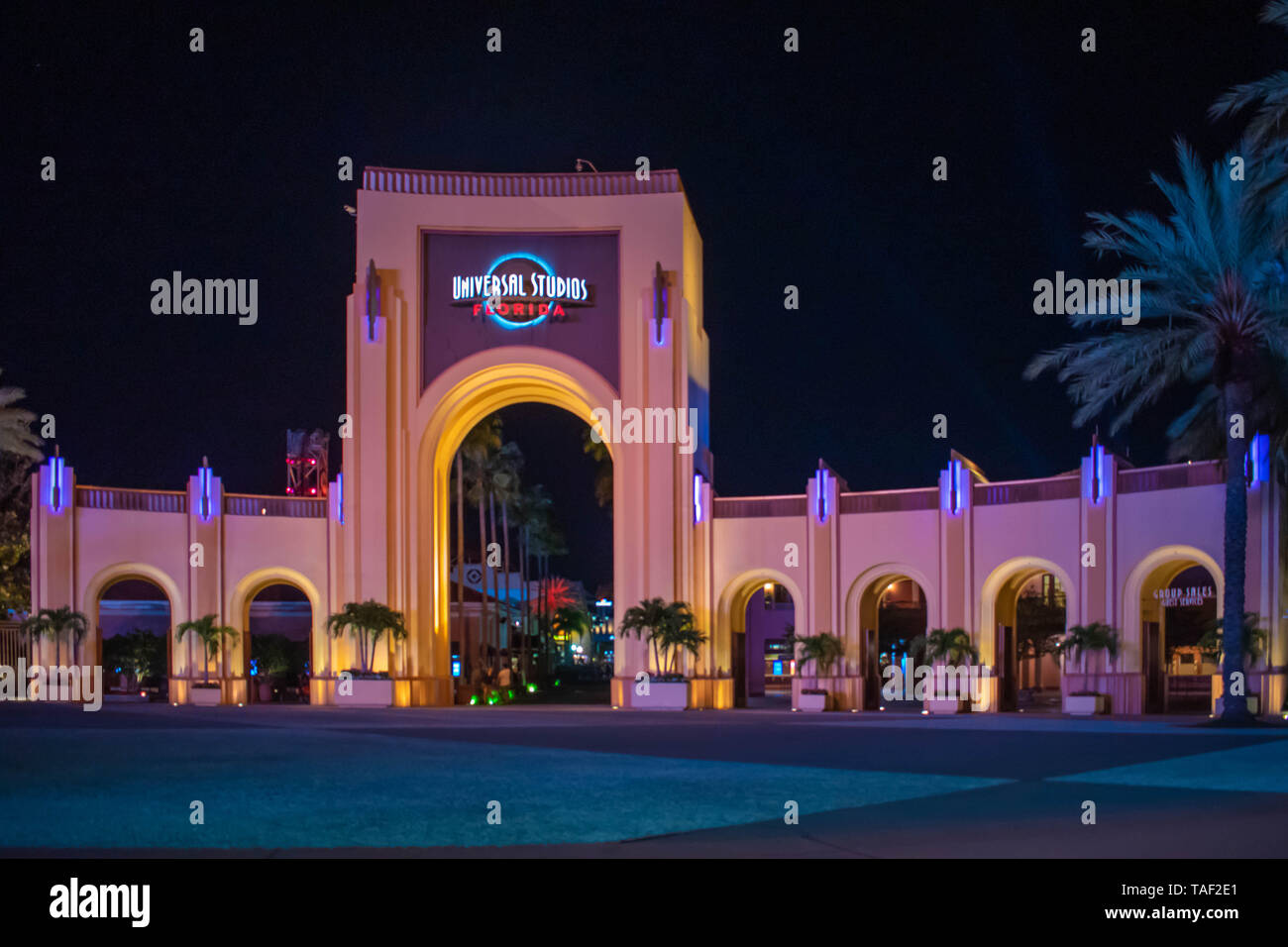 Orlando, Florida. May 21, 2019.Universal Studios arch at night at ...