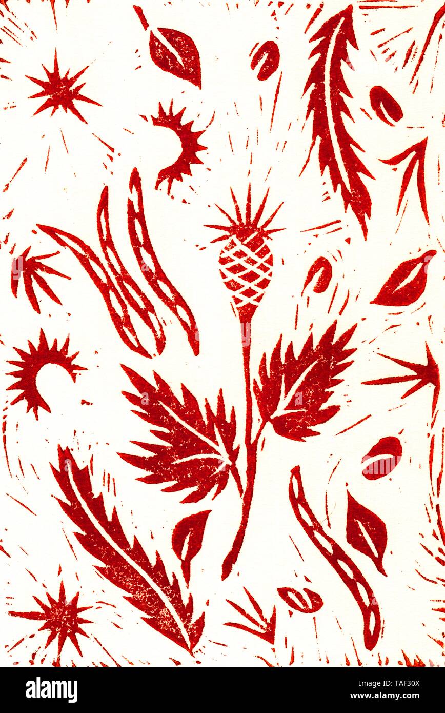 Hand drawing linocut. Red. Autumn plants. Seeds thistles leaves Stock ...