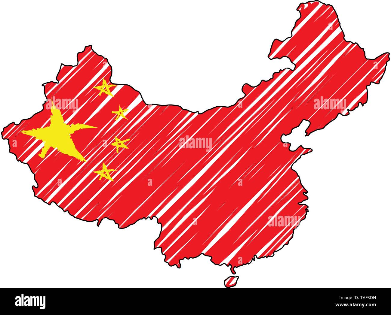 China map hand drawn sketch. Vector concept illustration flag, childrens drawing, scribble map ...
