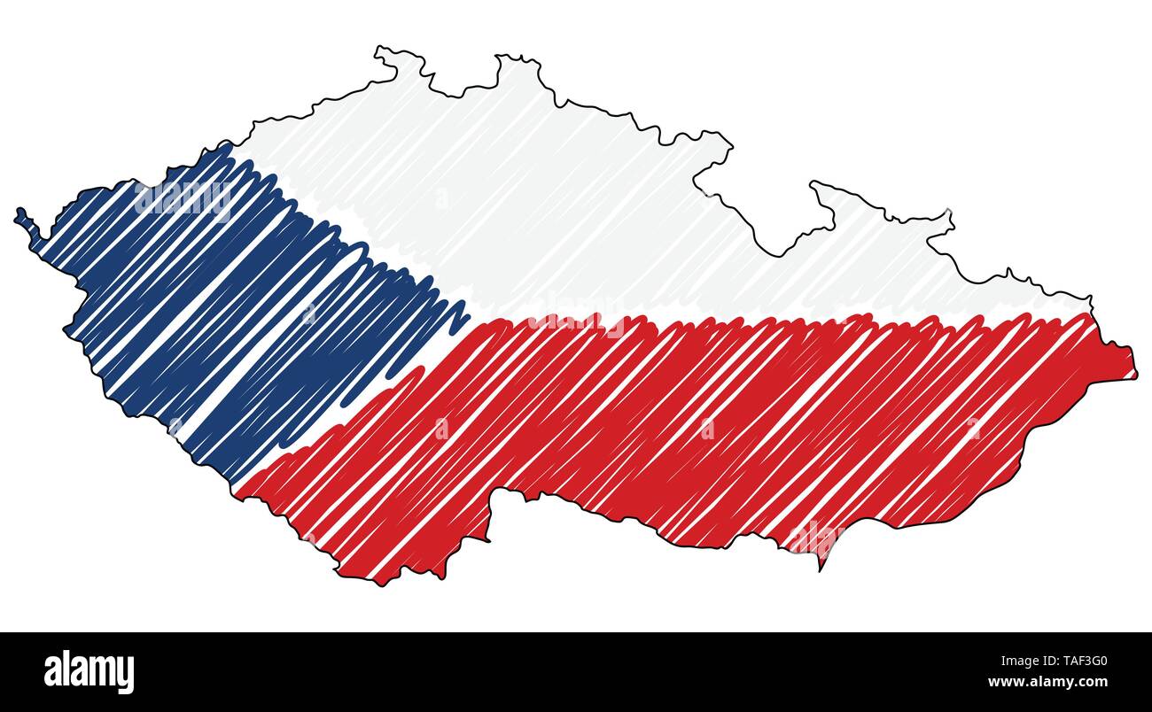 Czech Republic map hand drawn sketch. Vector concept illustration flag ...