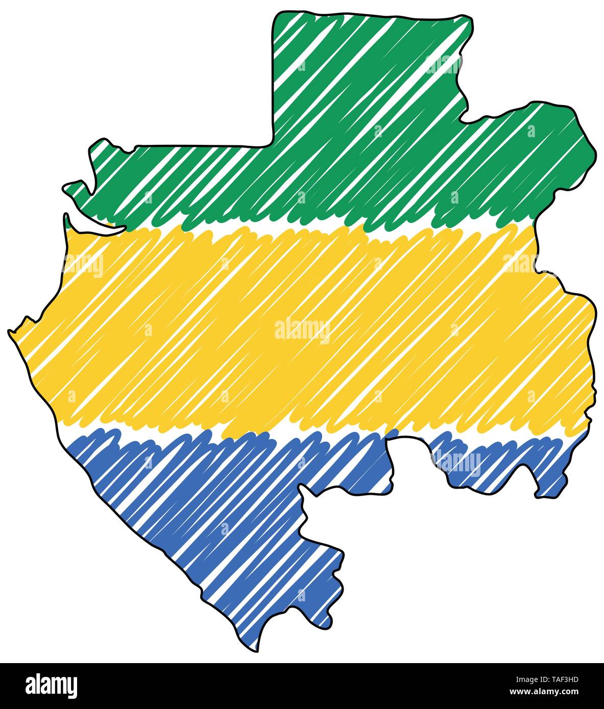 Gabon map hand drawn sketch. Vector concept illustration flag, childrens drawing, scribble map ...