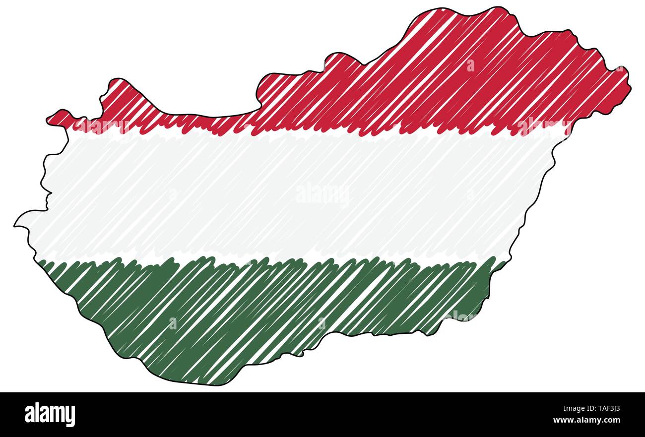 Hungary map hand drawn sketch. Vector concept illustration flag, childrens drawing, scribble map ...