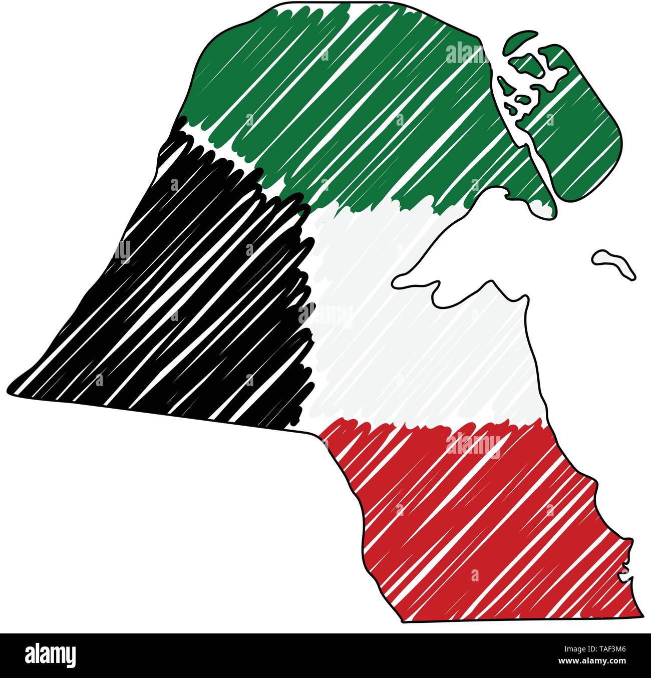 Kuwait map hand drawn sketch. Vector concept illustration flag, childrens drawing, scribble map ...