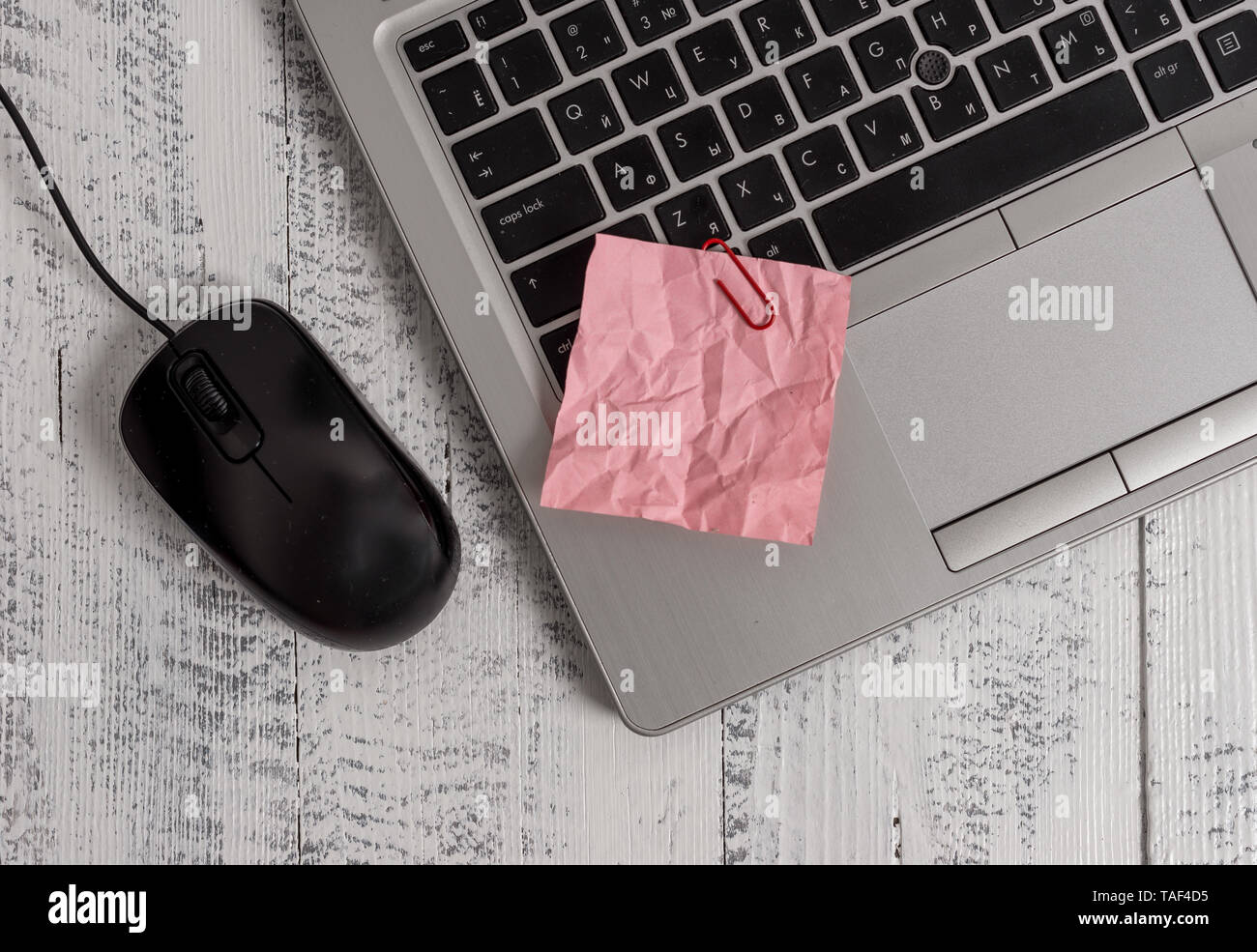 Trendy metallic laptop crushed colored paper note pen mouse wooden ...