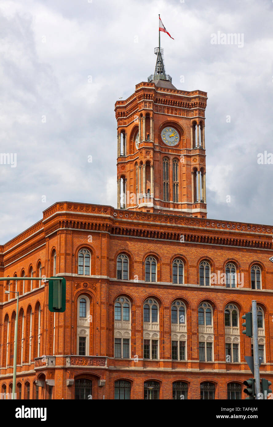 Tower of Berlin City Hall (Rotes Rathaus), Germany. Rathaus is the home ...