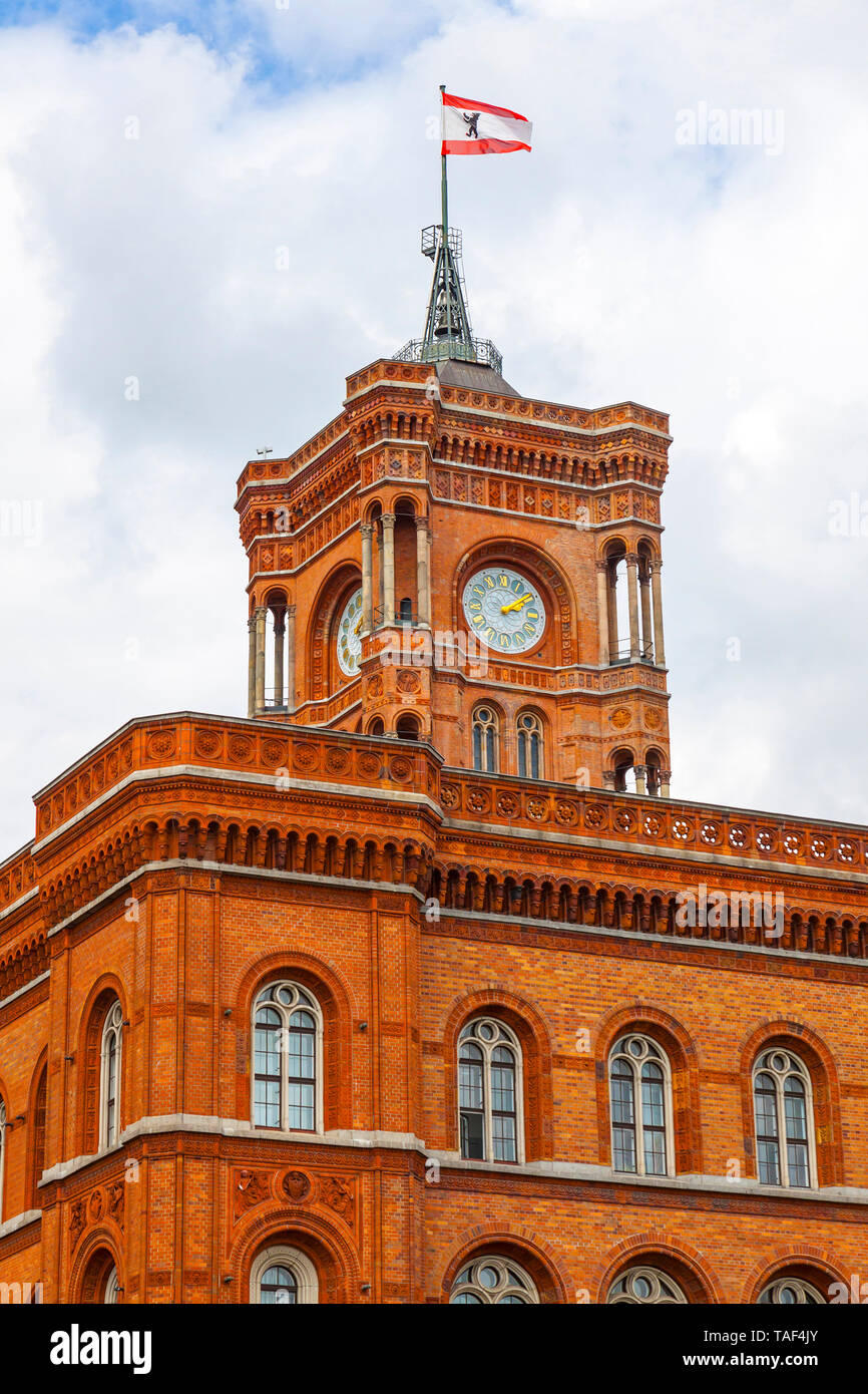 Tower of Berlin City Hall (Rotes Rathaus), Germany. Rathaus is the home ...