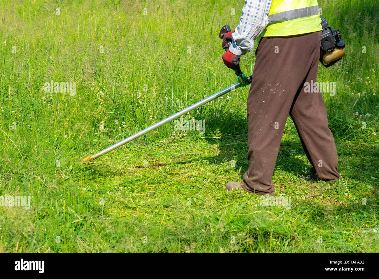 The gardener cutting grass by lawn mower, lawn care. Nature Stock Photo ...
