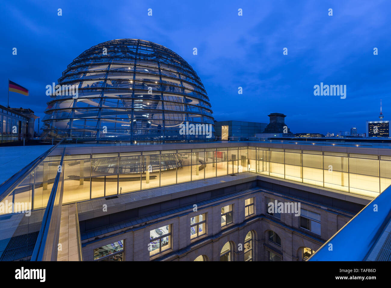 Illuminated glass dome on top of the Reichstag (German parliament ...