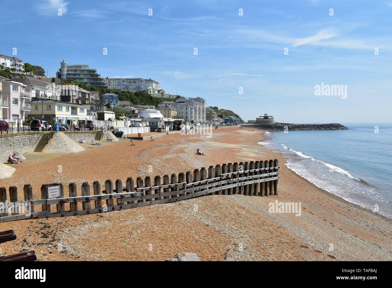 Ventnor Beach from the West looking East. with groyne posts, and shops ...