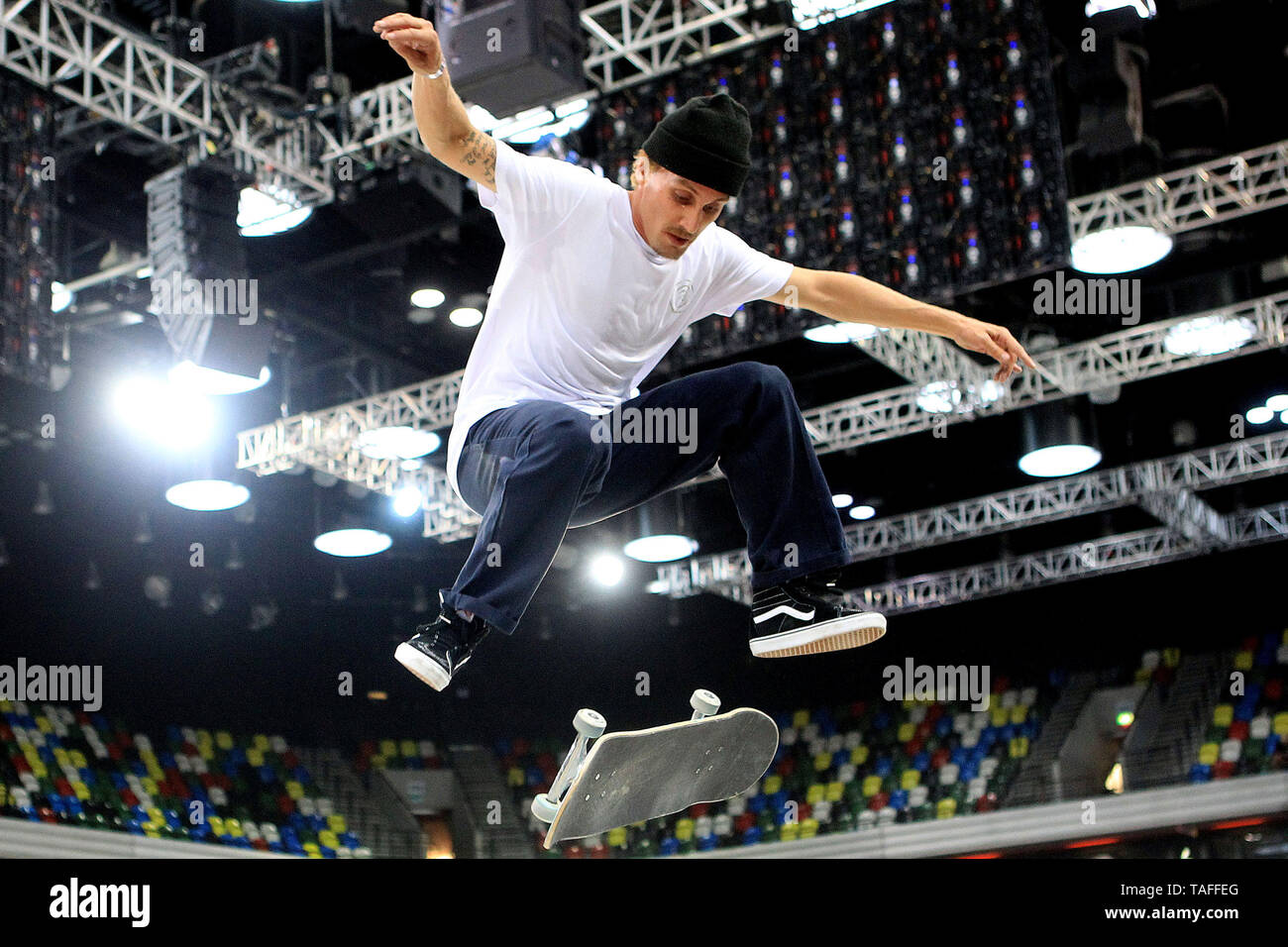 London, UK. 24th May, 2019. A male skate boarder in action during ...