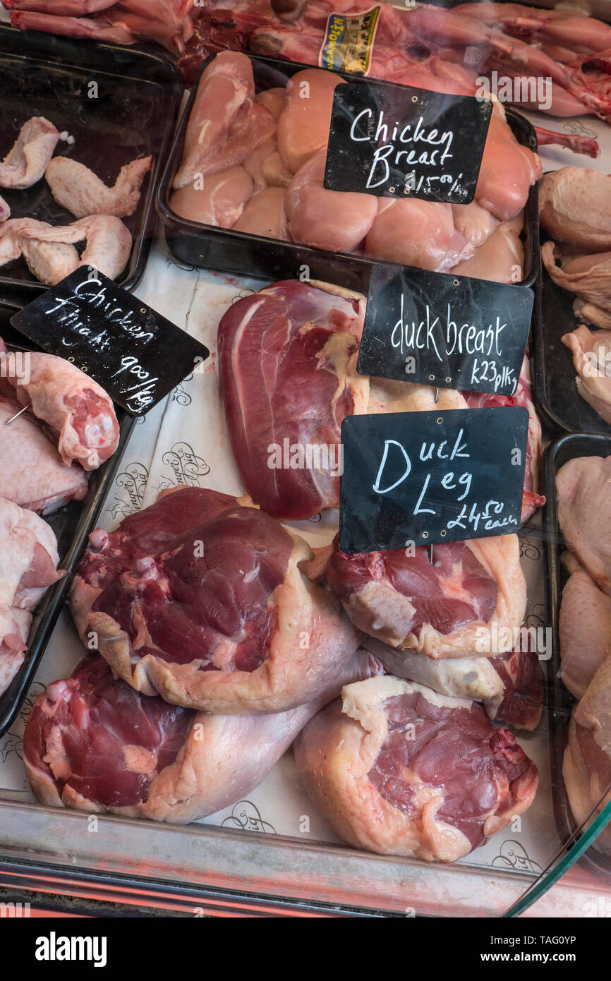 Borough Market stall fresh Poultry cuts on display, Duck Legs, Duck ...