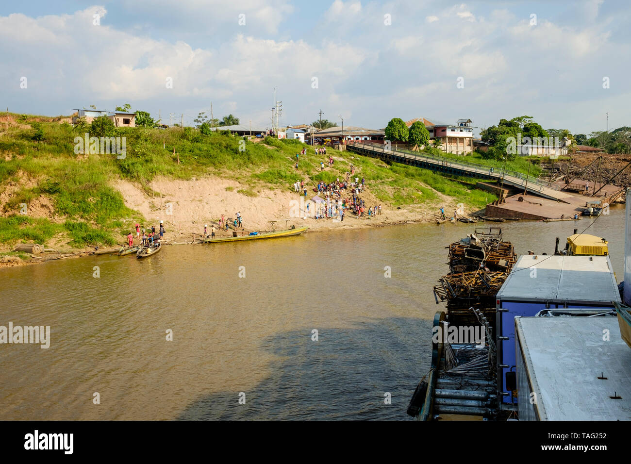 Ferry on the route Iquitos-Pucallpa approaching the port of Requena ...