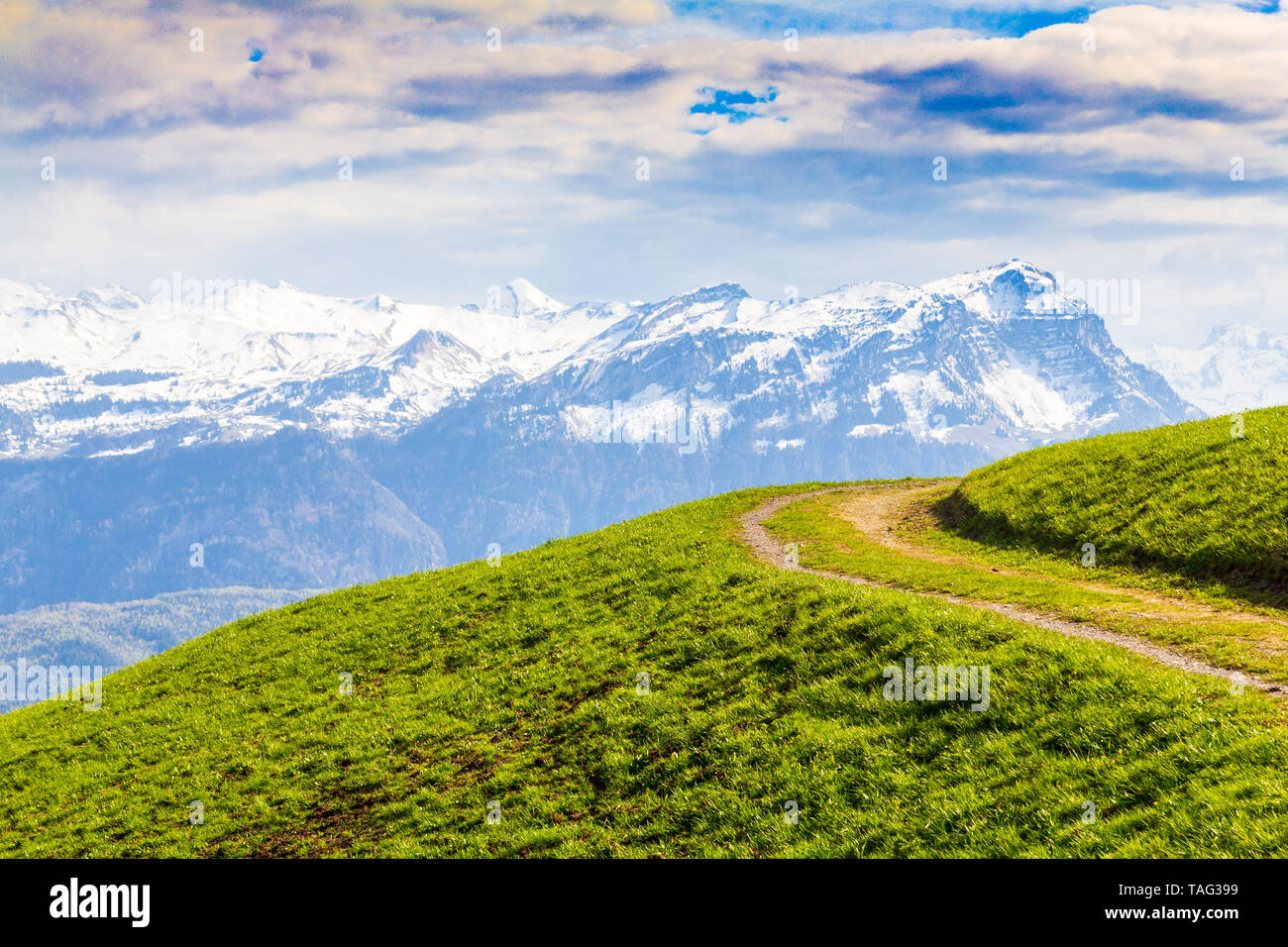 Mountain trekking path leading through green meadow Stock Photo - Alamy