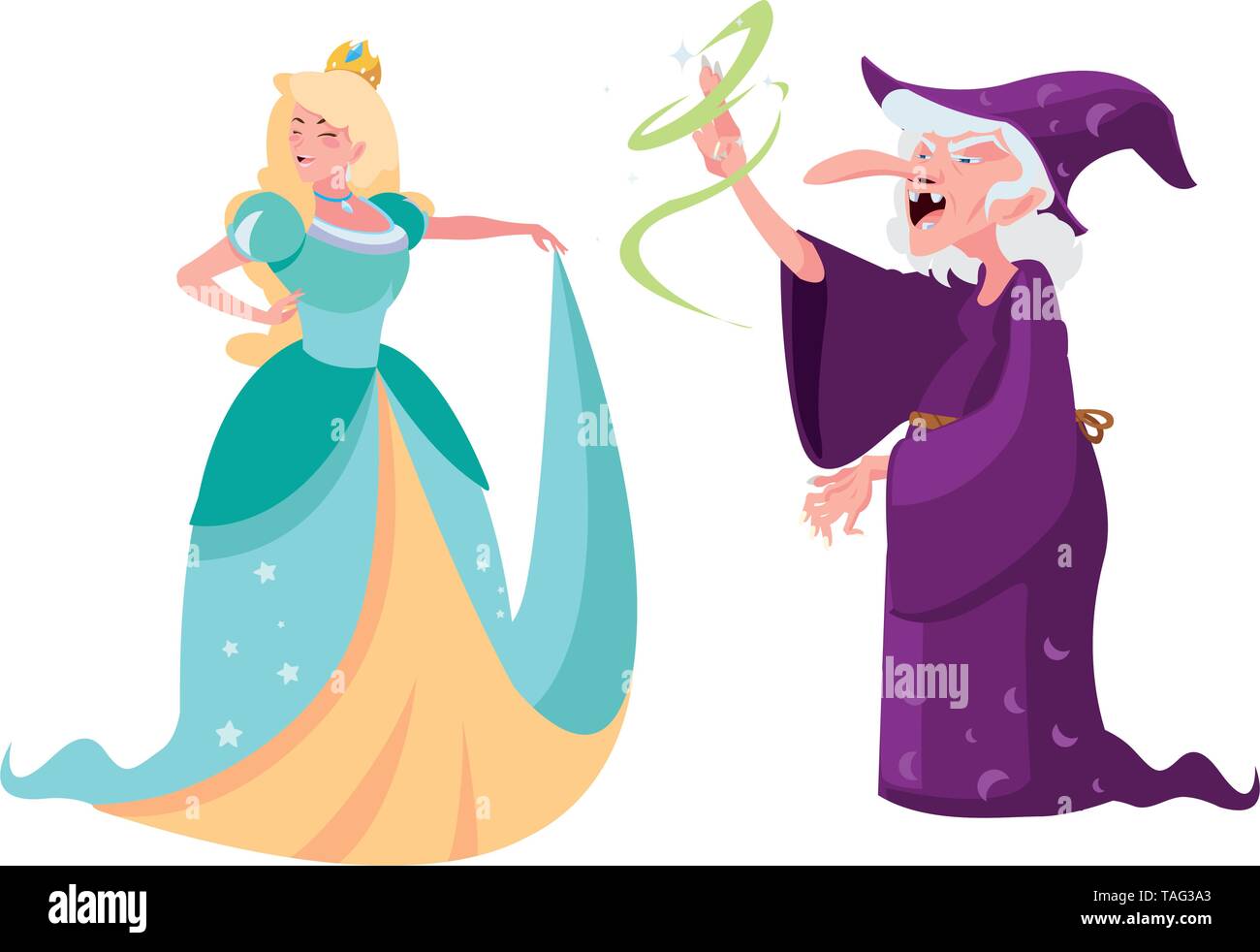 beautiful princess with witch of tales characters vector illustration ...