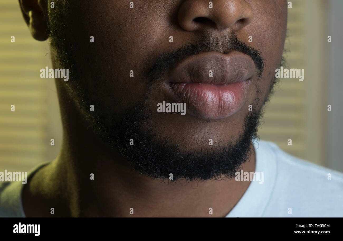 Male Lips Close Up Jalousie Background African Peoples Beauty Concept