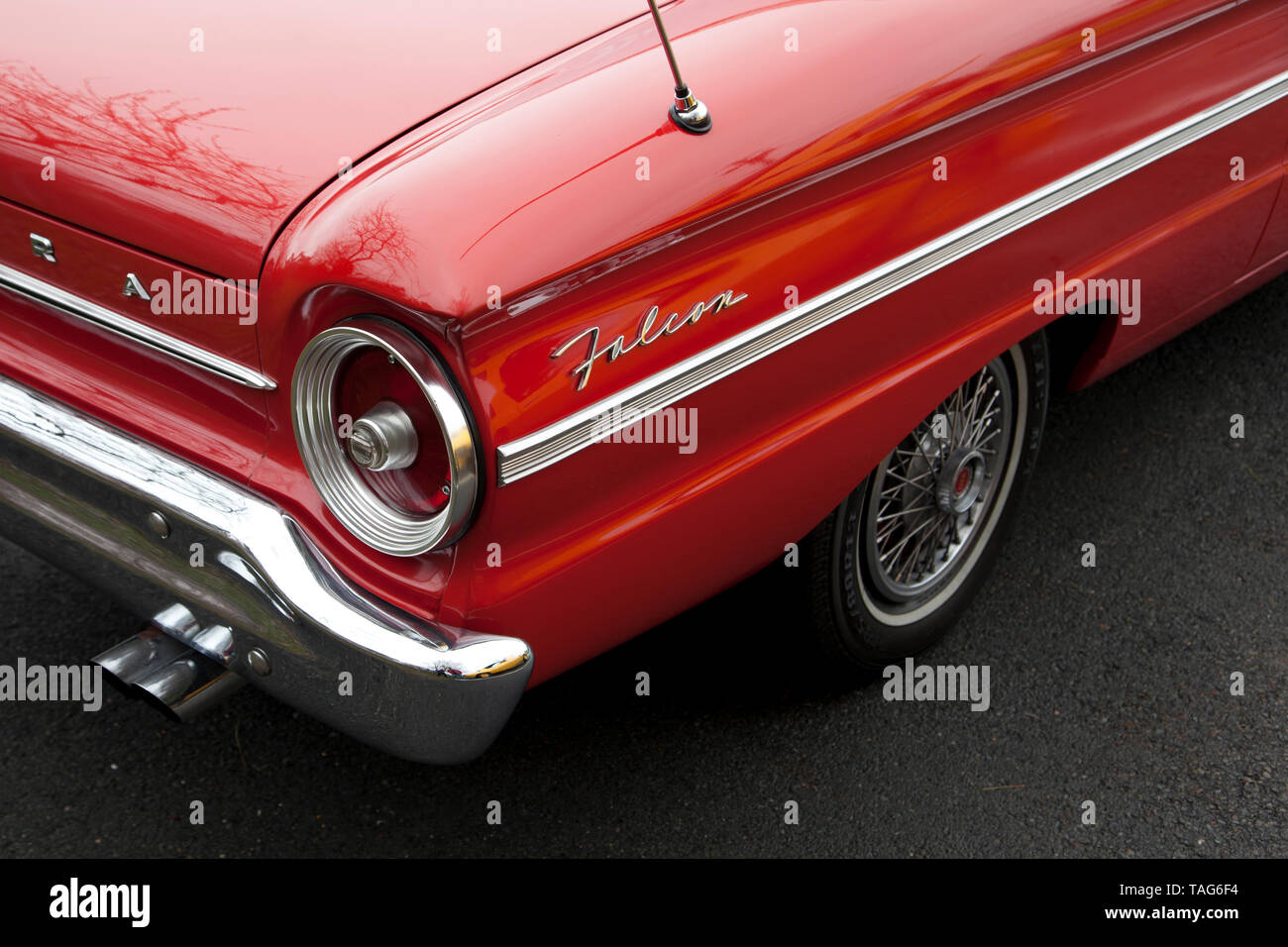 May 11, 2019- Eastern Passage, Nova Scotia: Rear bumper of a red 1960s ...