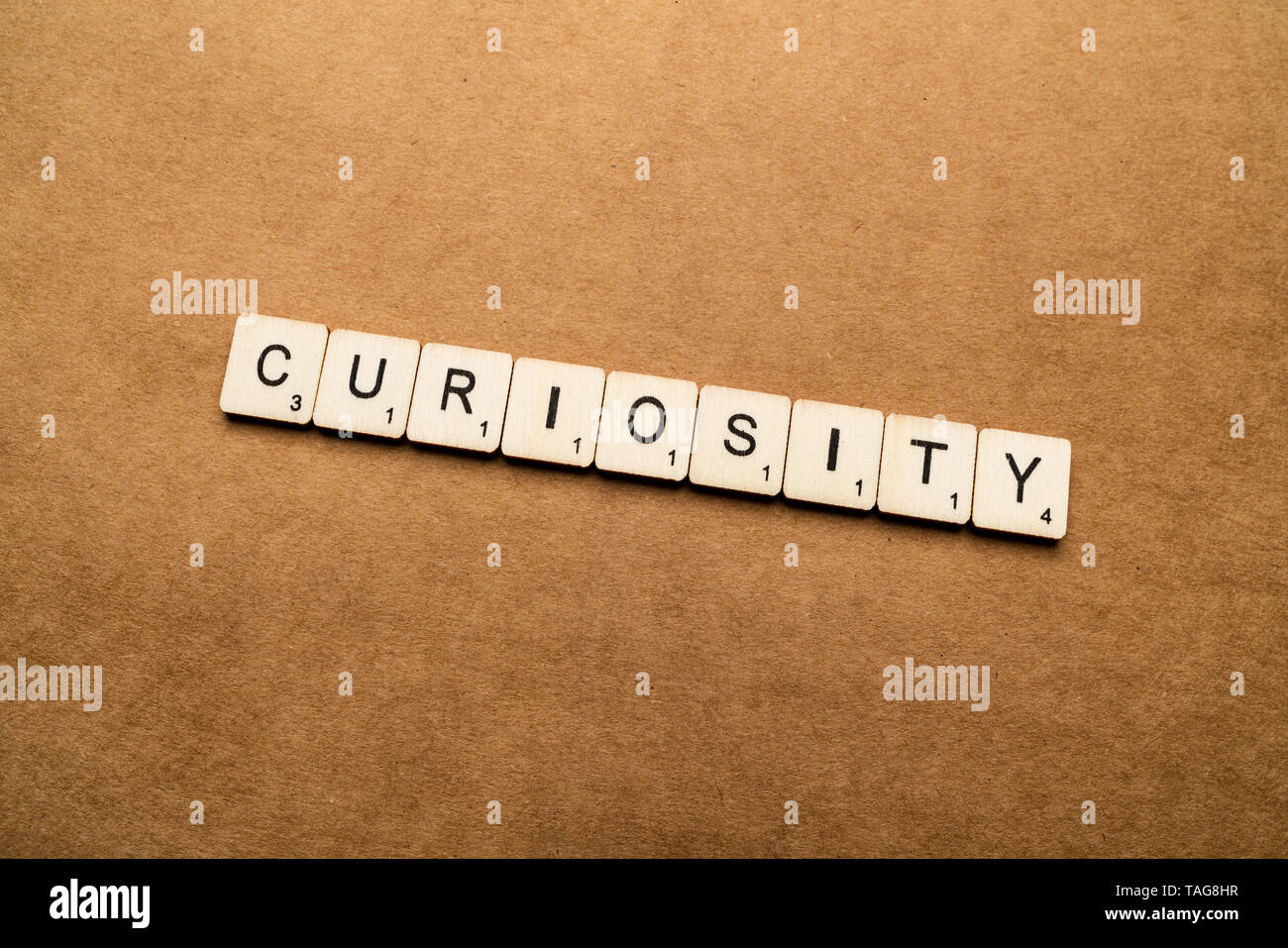 LONDON, UK - May 24 2019: The word CURIOSITY, spelt with wooden letter ...