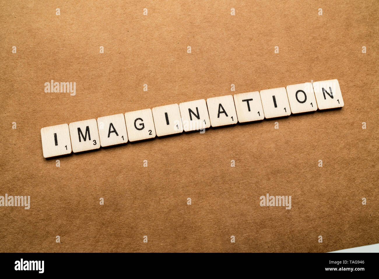 LONDON, UK - May 24 2019: The word IMAGINATION, spelt with wooden ...