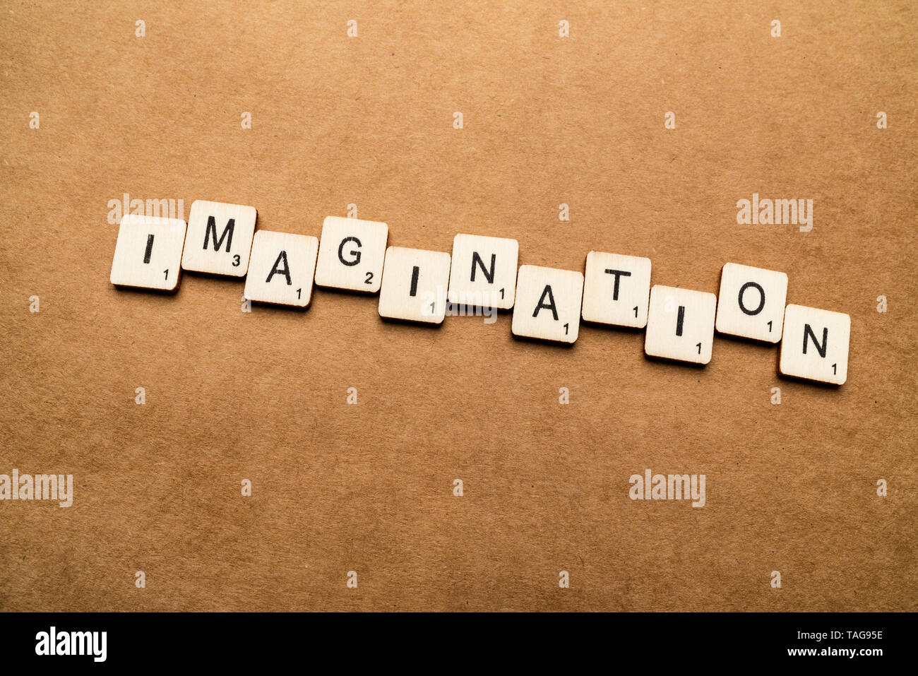 LONDON, UK - May 24 2019: The word IMAGINATION, spelt with wooden ...