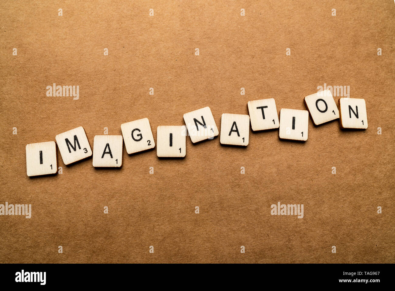 LONDON, UK - May 24 2019: The word IMAGINATION, spelt with wooden ...