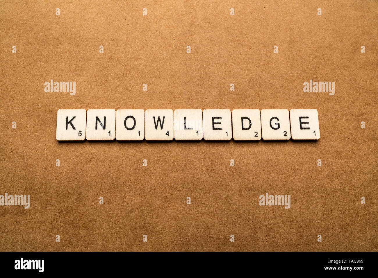 LONDON, UK - May 24 2019: The word KNOWLEDGE, spelt with wooden letter ...