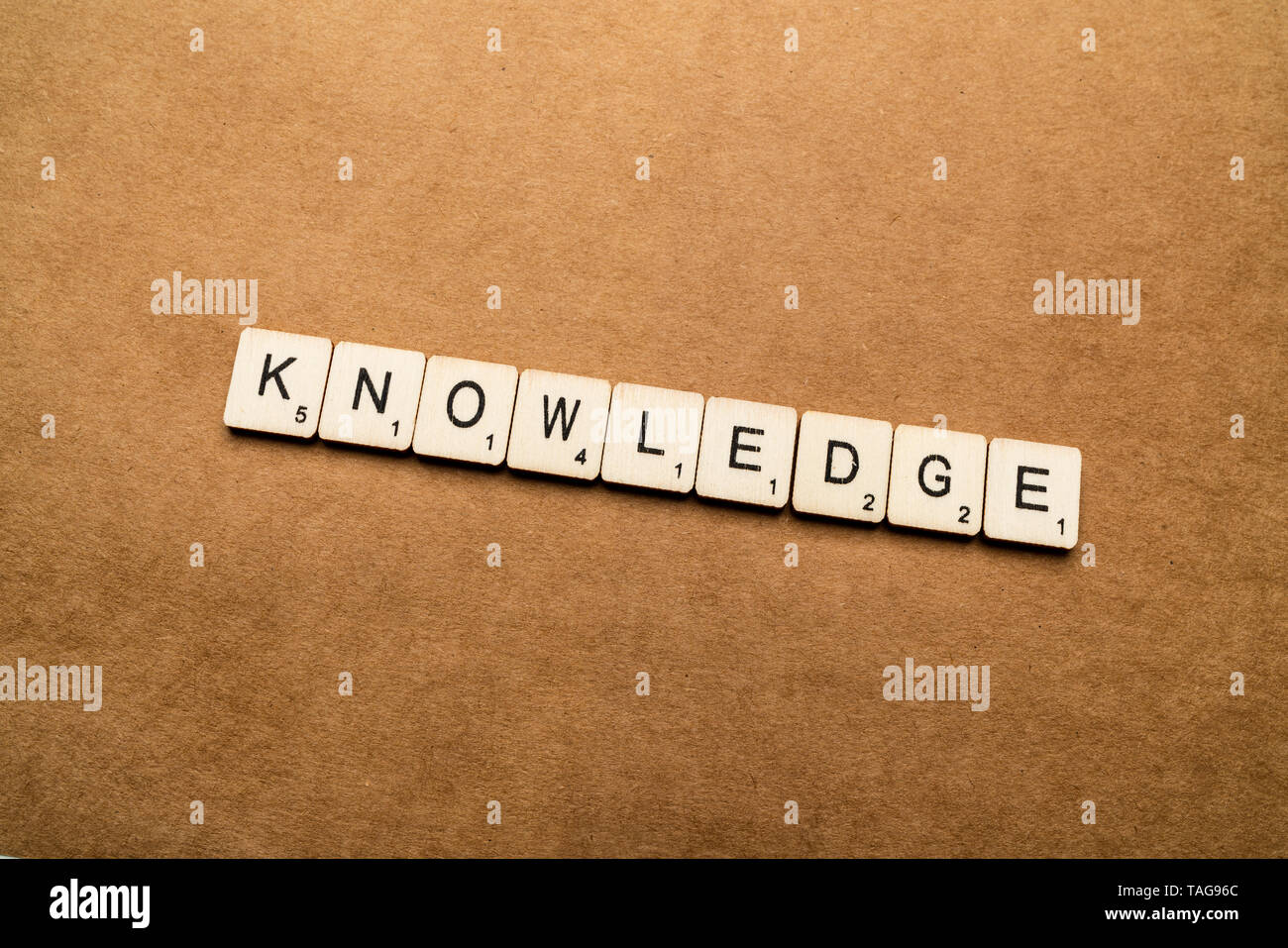 LONDON, UK - May 24 2019: The word KNOWLEDGE, spelt with wooden letter ...
