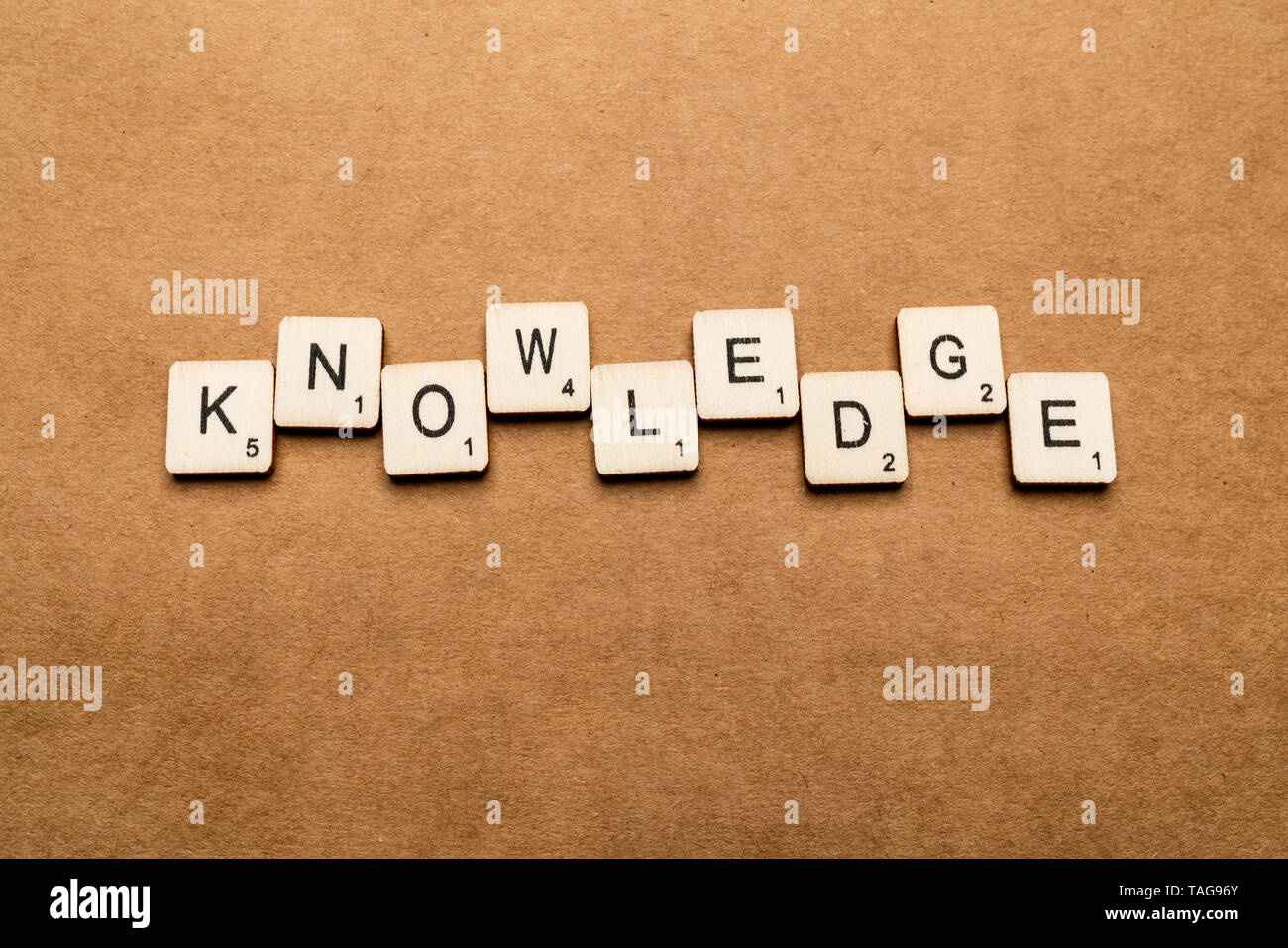 LONDON, UK - May 24 2019: The word KNOWLEDGE, spelt with wooden letter ...