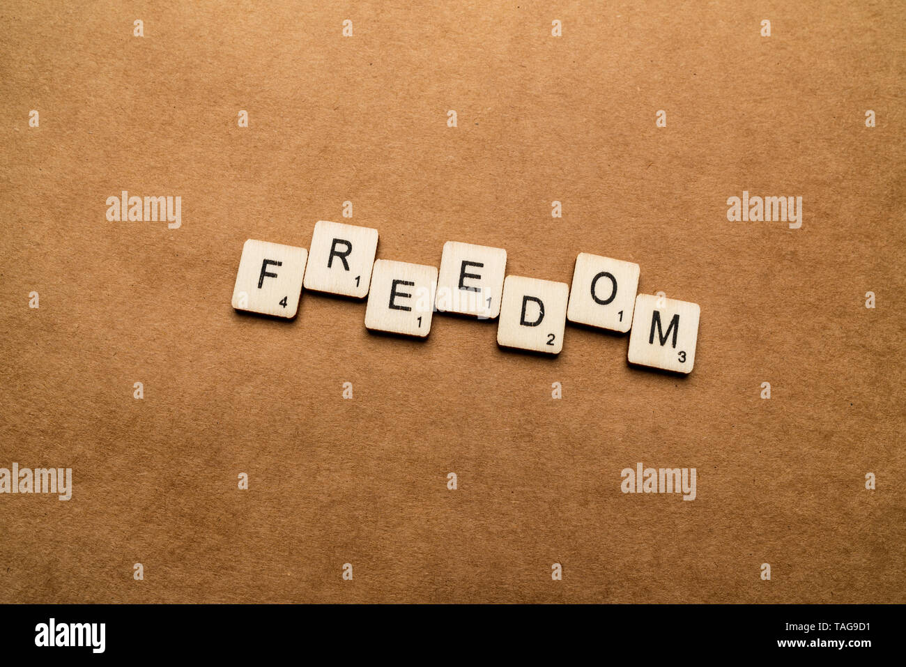 LONDON, UK - May 24 2019: The word FREEDOM, spelt with wooden letter ...