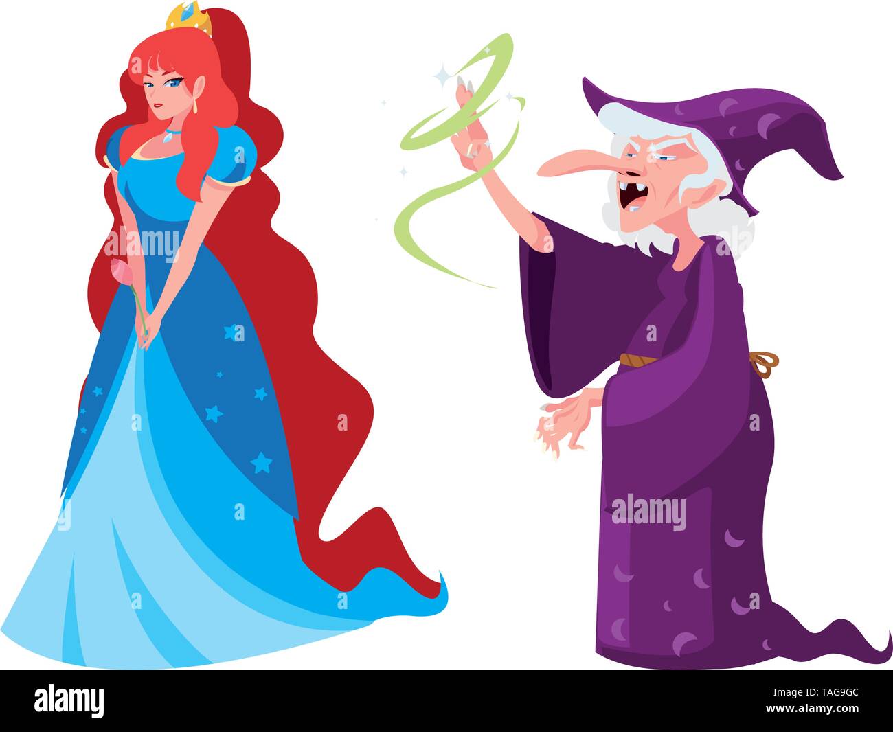 beautiful princess with witch of tales characters vector illustration ...