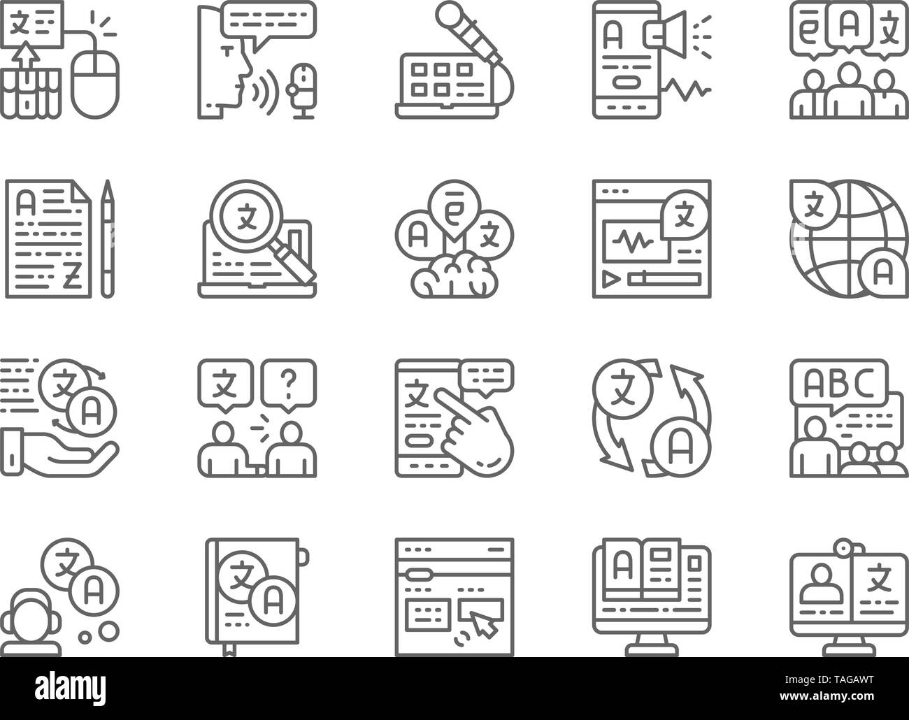 Set of Language Translation Line Icons. Education, Chat, E-book, Radio ...