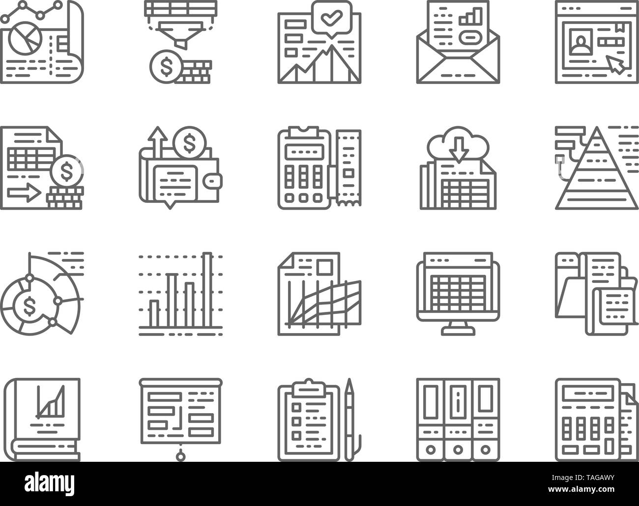 Set of Accounting Report Line Icons. Presentation, Bank Account, Resume ...