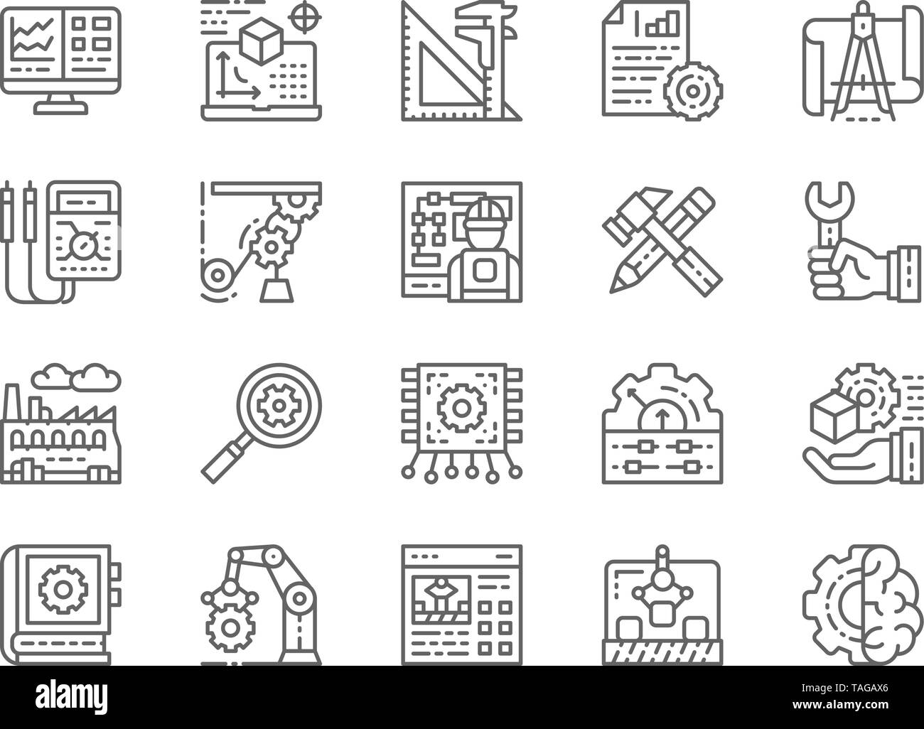 Set of Engineering and Manufacturing Line Icons. Presentation, Tools ...