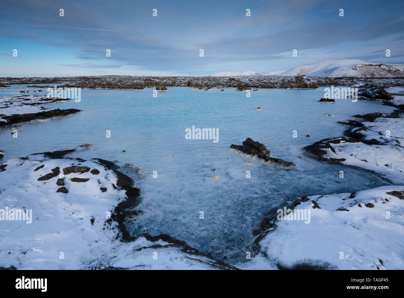 Panoramic view over the Blue Lagoon close to Grindavik, wintertime in ...