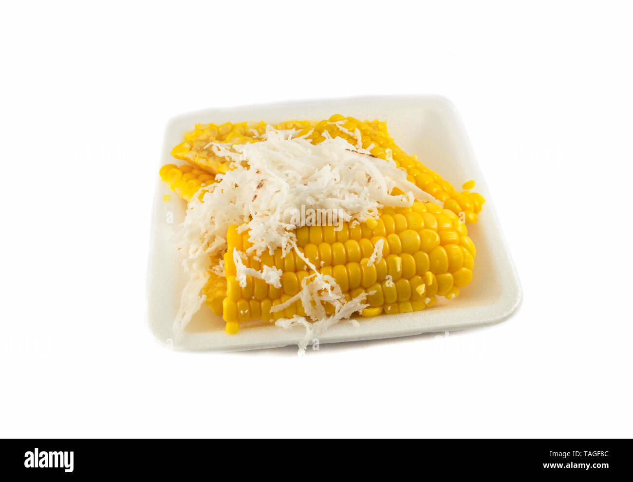 Dessert sweet Corn in plastic tray / Cooking corn slice with coconut ...