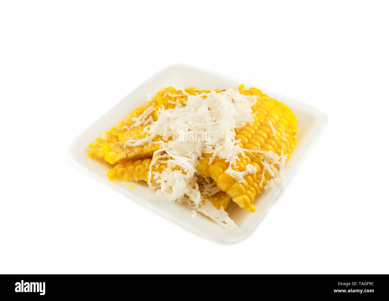 Dessert sweet Corn in plastic tray / Cooking corn slice with coconut ...